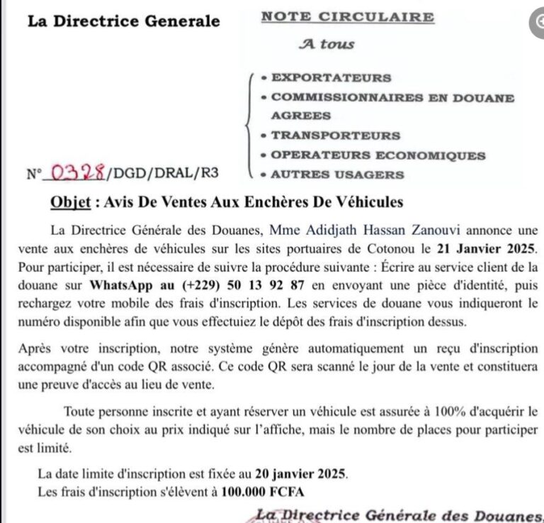 Bénin /Anarque : Faux avis de vente aux enchères de véhicules - Portail ...